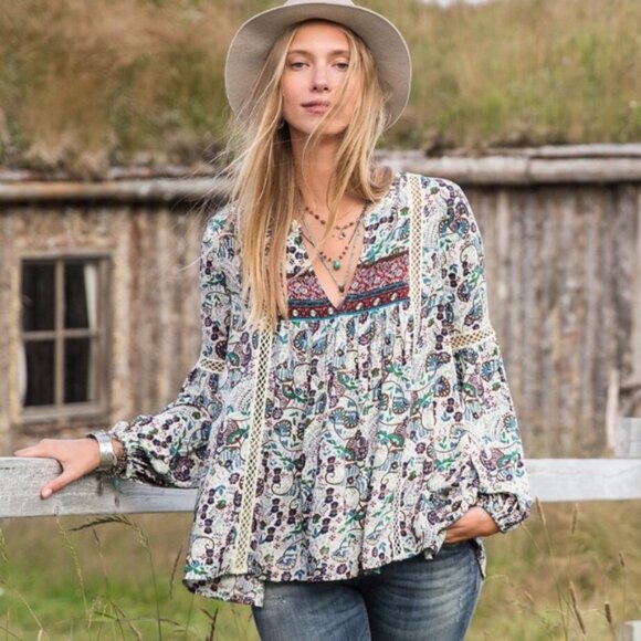 Sundance | Tops | Sundance Blue Paisley Crochet Lace Trim Boho Blouse ...